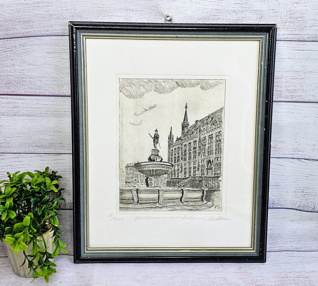 RARE Etching German City Aachen, City Well With Statue, Authenticated ...