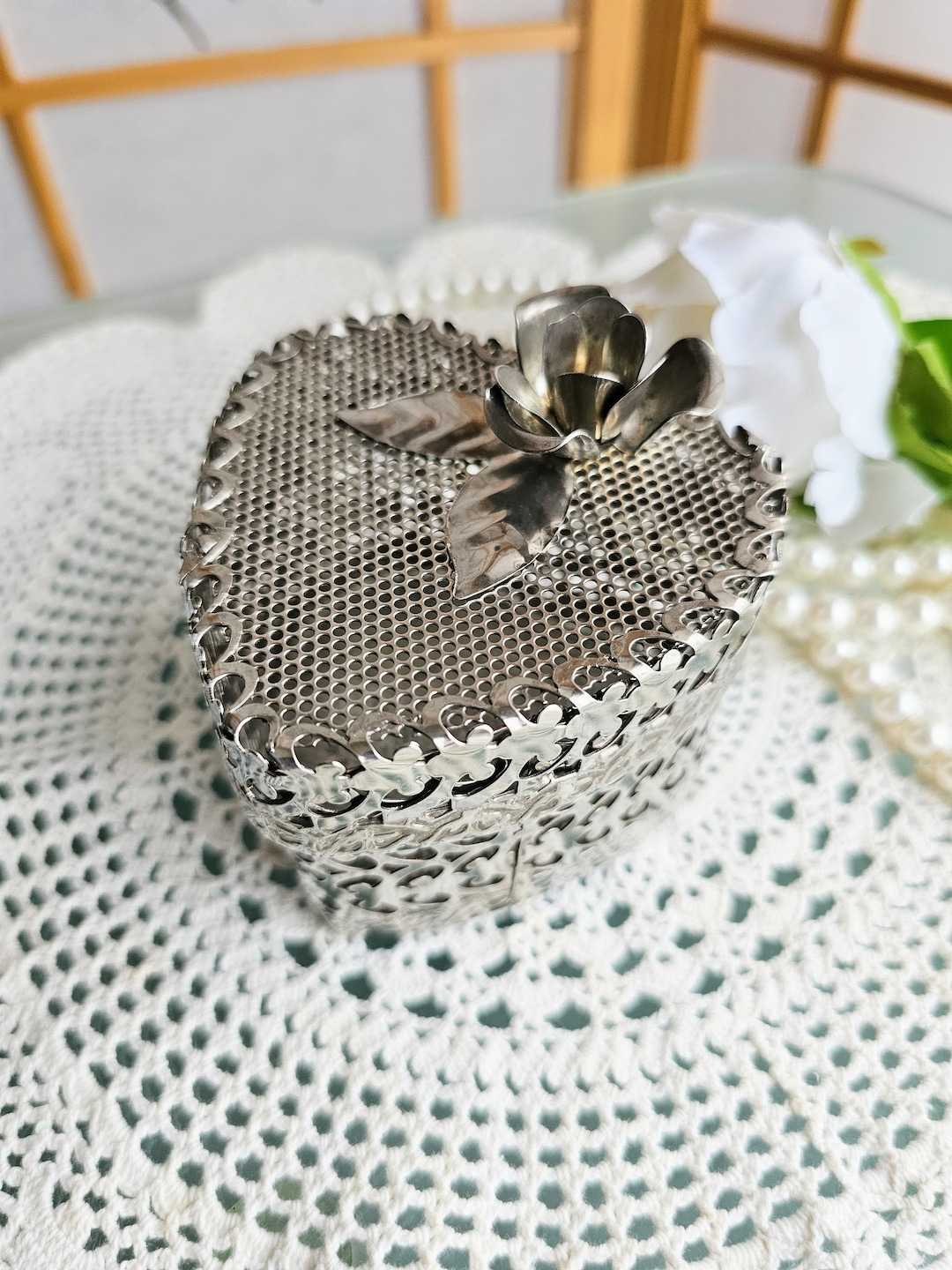 Vintage Silver Heart Shape Trinket Box With Sculpted Rose, Small Mesh ...