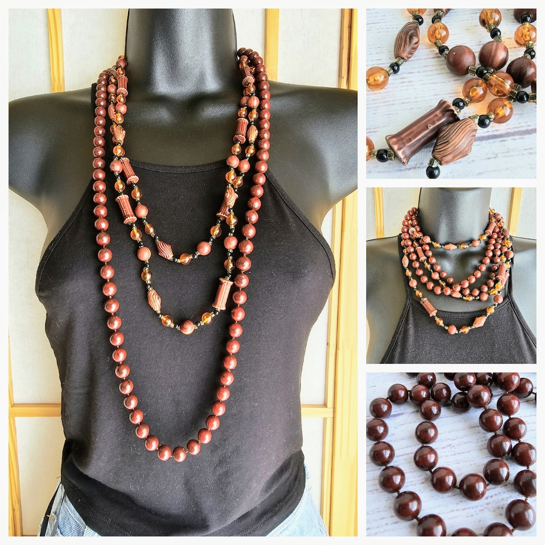 Vintage Brown Bead Necklaces, Set of Two, One Long Sarah Coventry Solid ...
