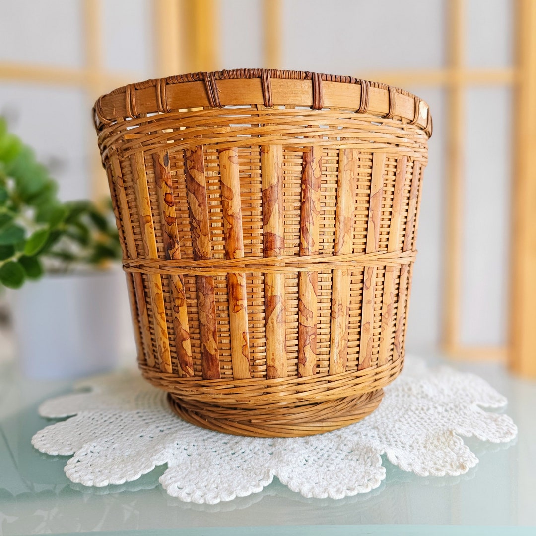 Vintage Tortoise Rattan Planter, Retro Round Wicker Basket Planter ...