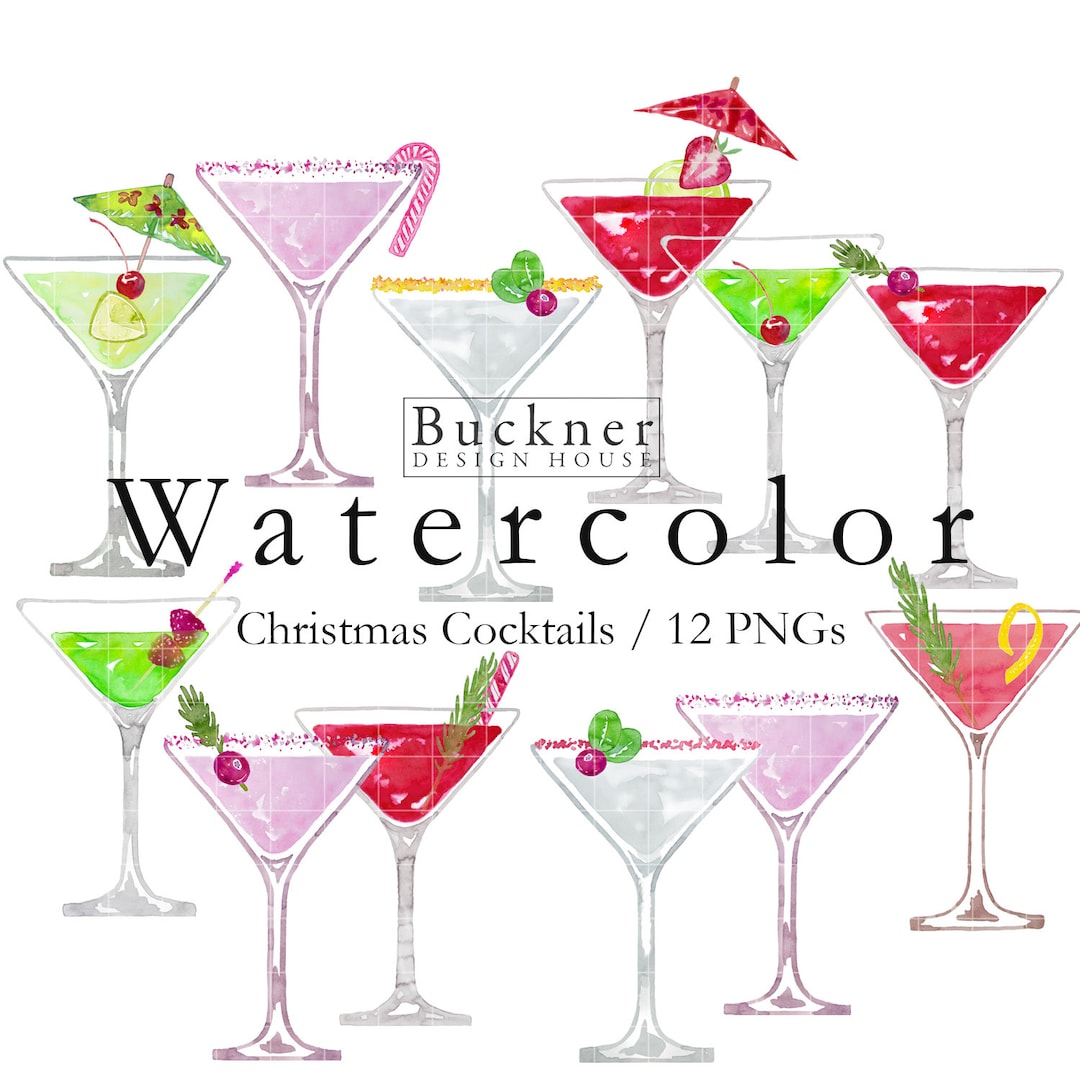 WATERCOLOR 12 Christmas Cocktails Clip Art Bundle - Christmas Martinis ...