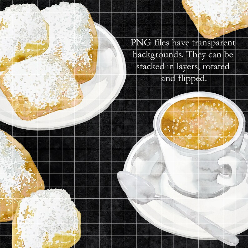 WATERCOLOR Coffee and Beignets Illustrations French Donuts - Etsy