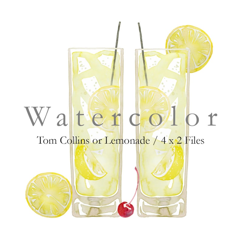 WATERCOLOR Tom Collins Clip Art 7 and 7 Lemon Cocktail | Etsy
