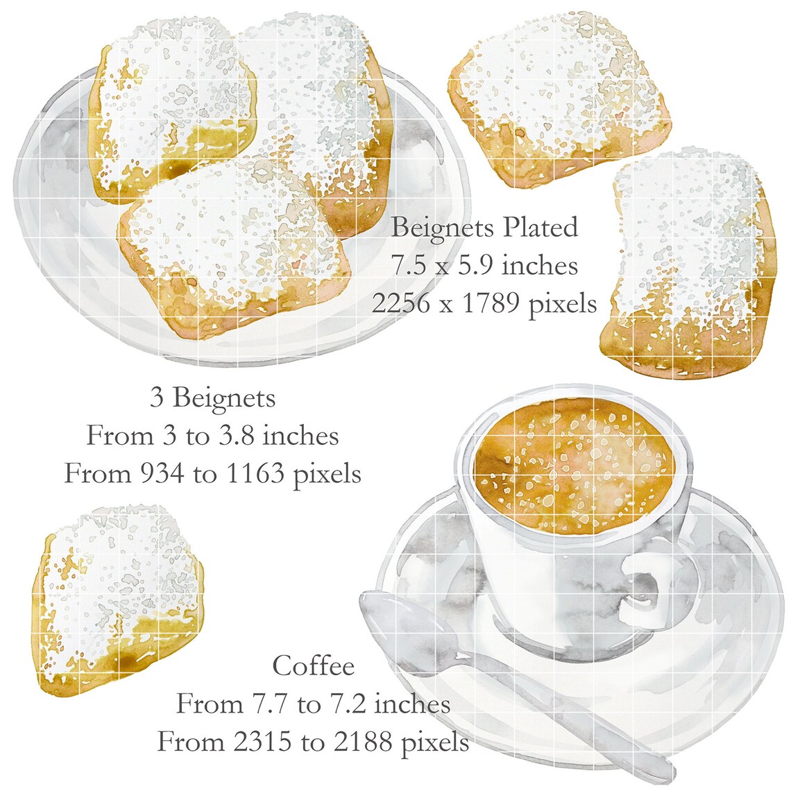 WATERCOLOR Coffee and Beignets Illustrations French Donuts - Etsy