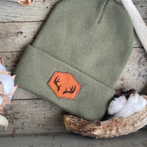 Leather Patch Beanie, Hunting Beanie, Buck Beanie, Whitetail Deer ...