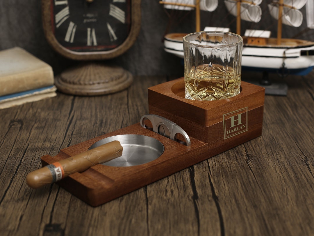 Personalized Whiskey & Cigar Tray Glass Holder Ashtray Whiskey, 2 in 1 ...