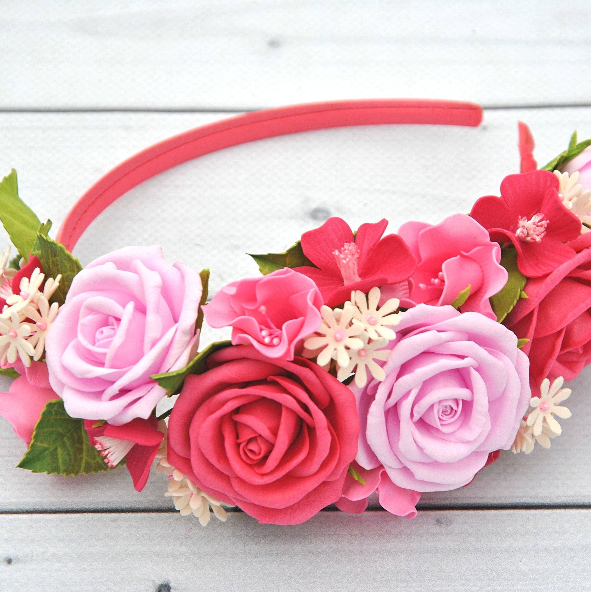 Rose flower headband Hot pink flower girl crown Pink red roses | Etsy
