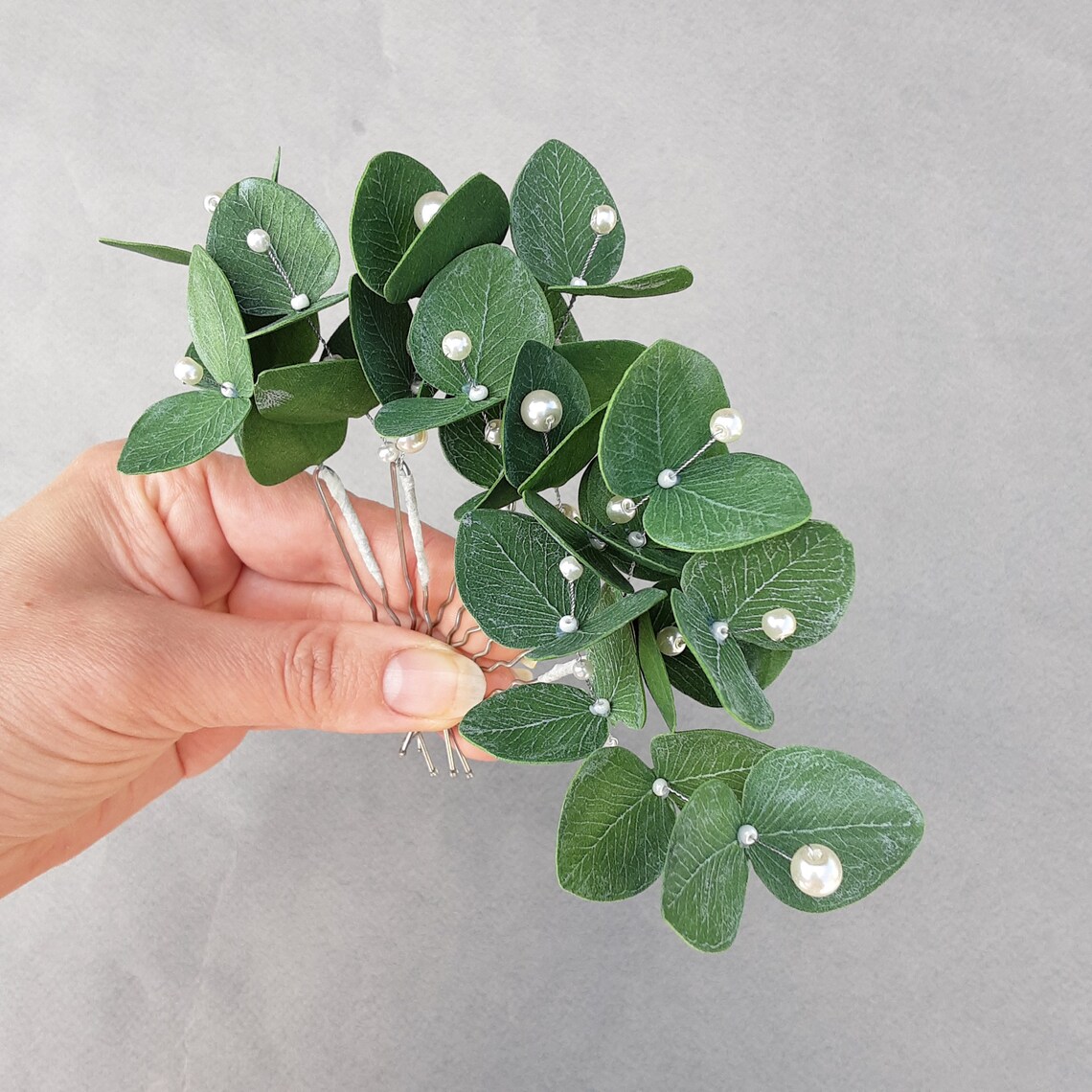 Eucalyptus hair pins Bridal hair piece pearl greenery | Etsy