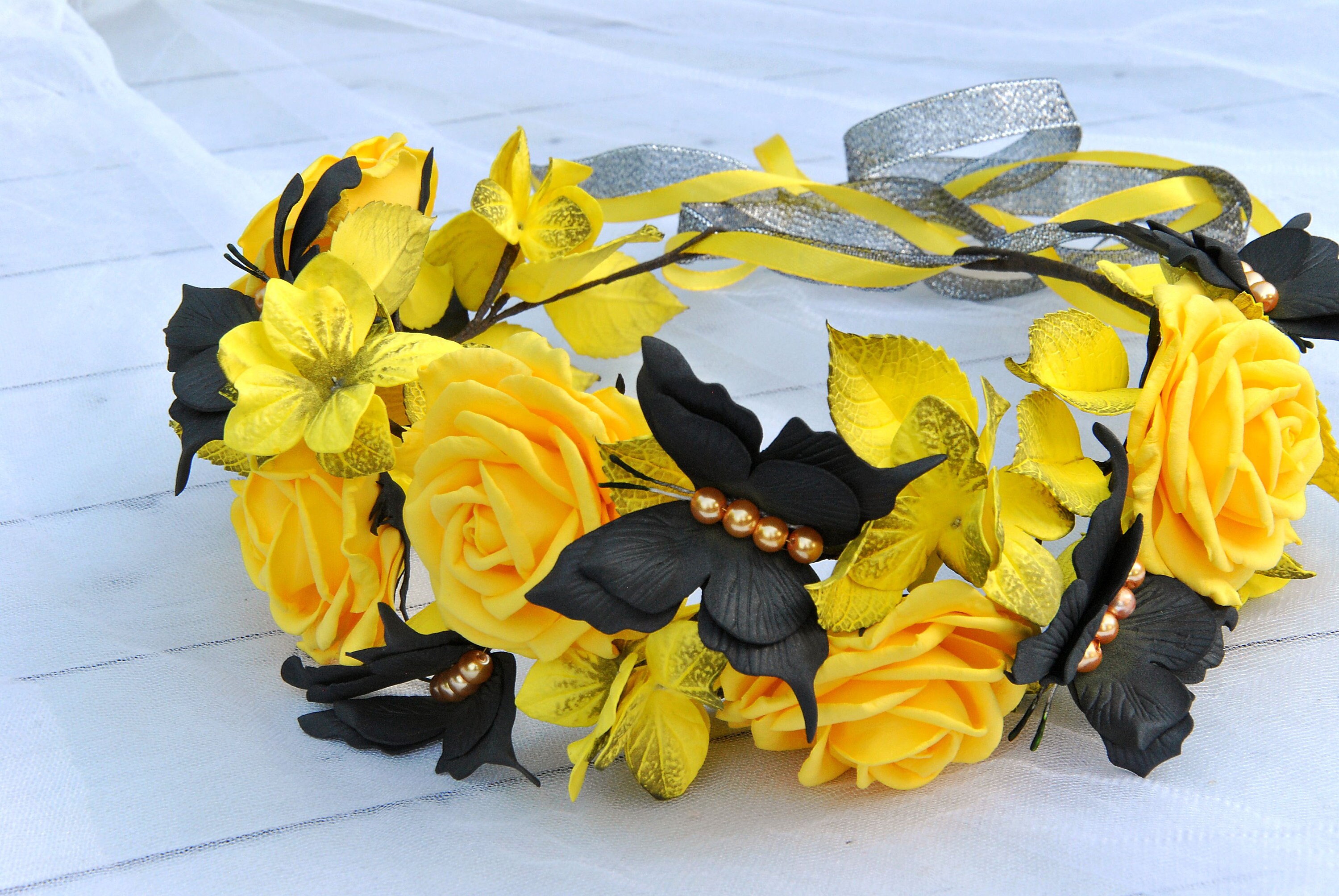 Butterfly Flower Crown Yellow Black Flower Girl Crown | Etsy