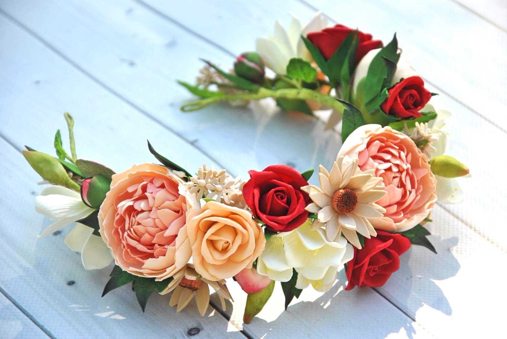 Peach flower crown wedding Flower girl headband Peony roses | Etsy