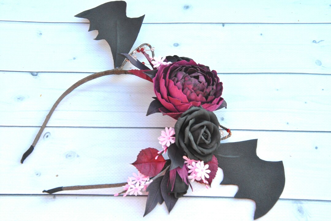 Bat Wing Halloween Headband Black Burgundy Goth Headpiece Bat Wings ...