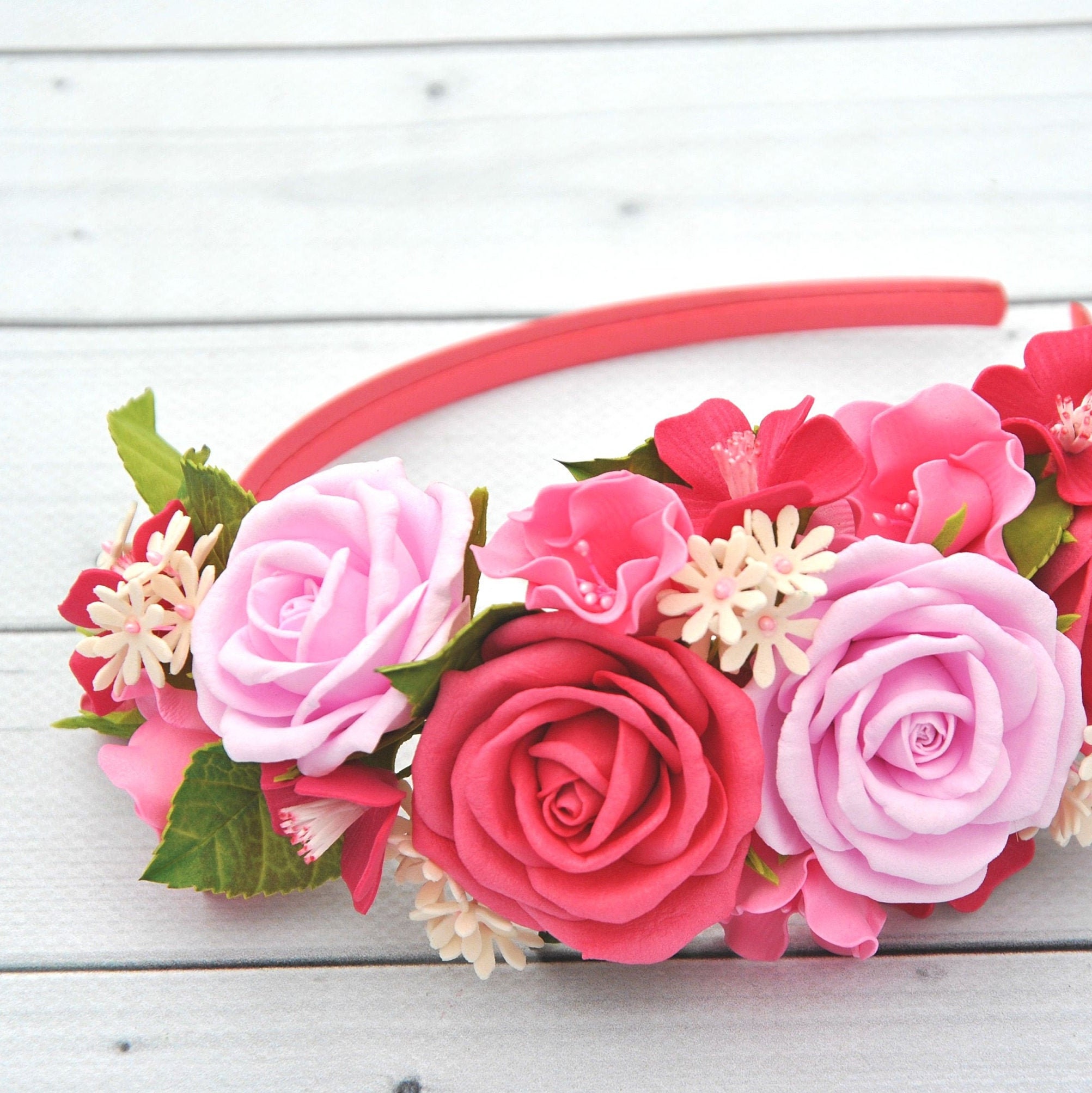 Rose flower headband Hot pink flower girl crown Pink red roses | Etsy