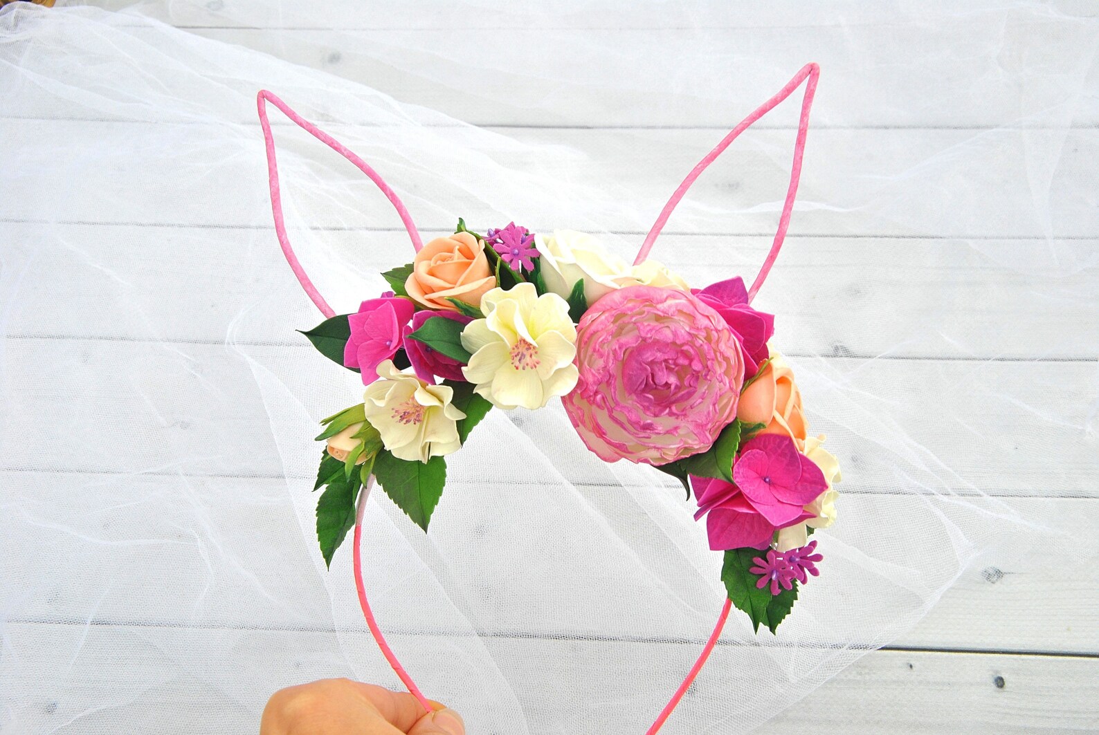 Rabbit ears headband Pink ester bunny ears floral Flower girl | Etsy