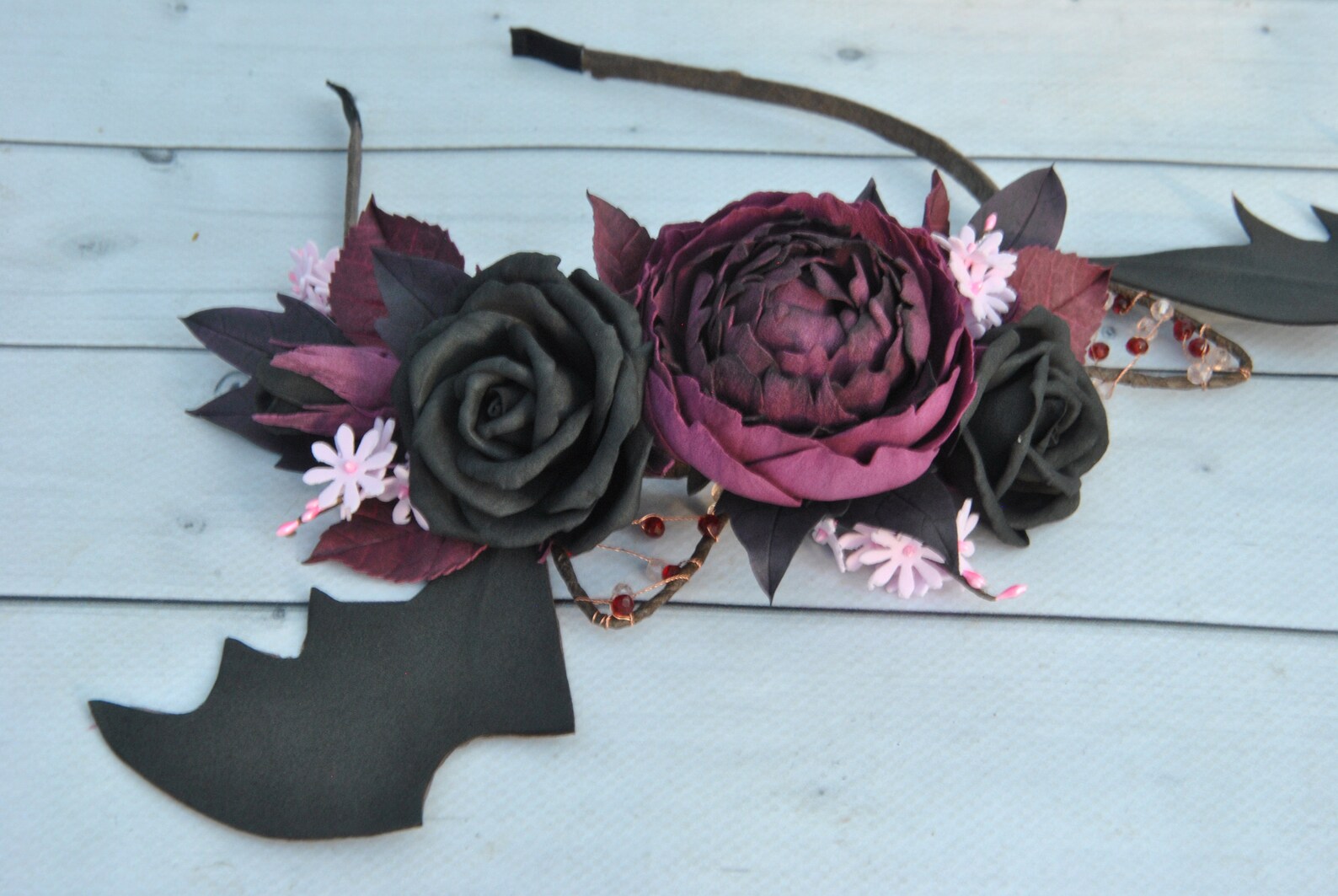 Bat wing Halloween headband Black burgundy goth headpiece Bat | Etsy