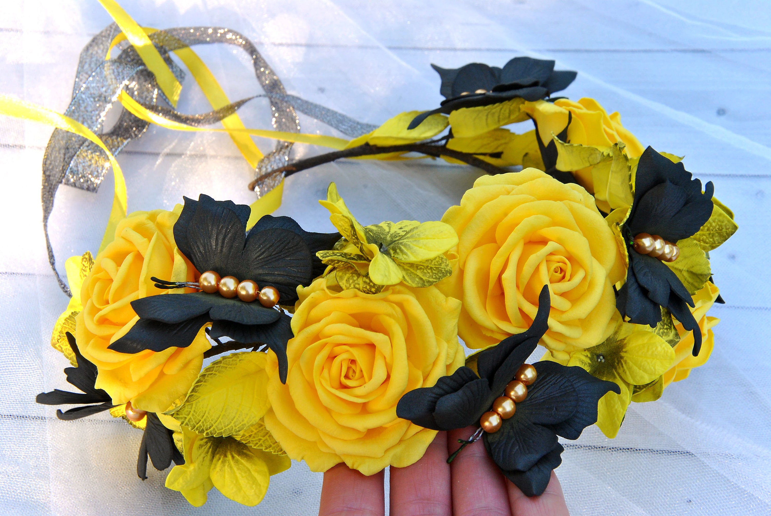 Butterfly Flower Crown Yellow Black Flower Girl Crown - Etsy