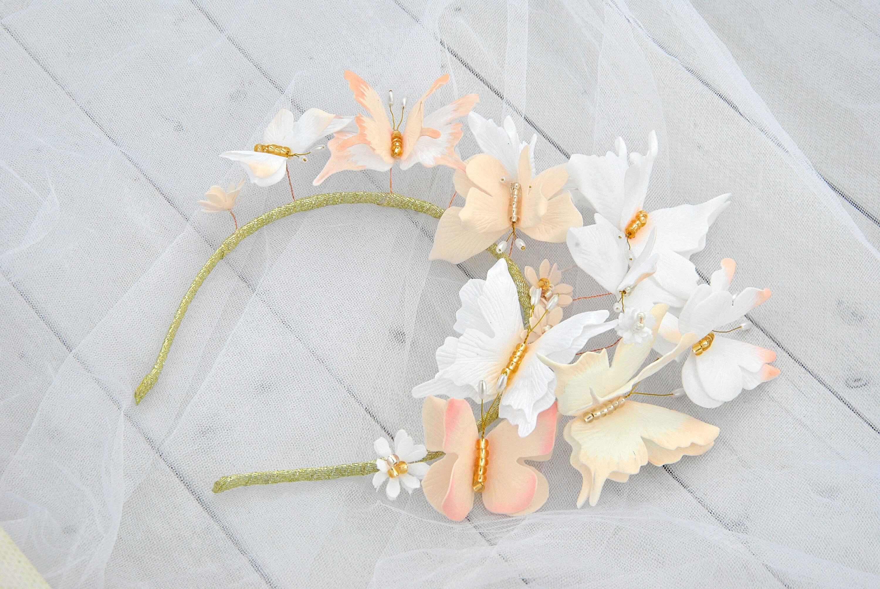 Butterfly Crown Headpiece Rose Gold Wedding Headband White | Etsy