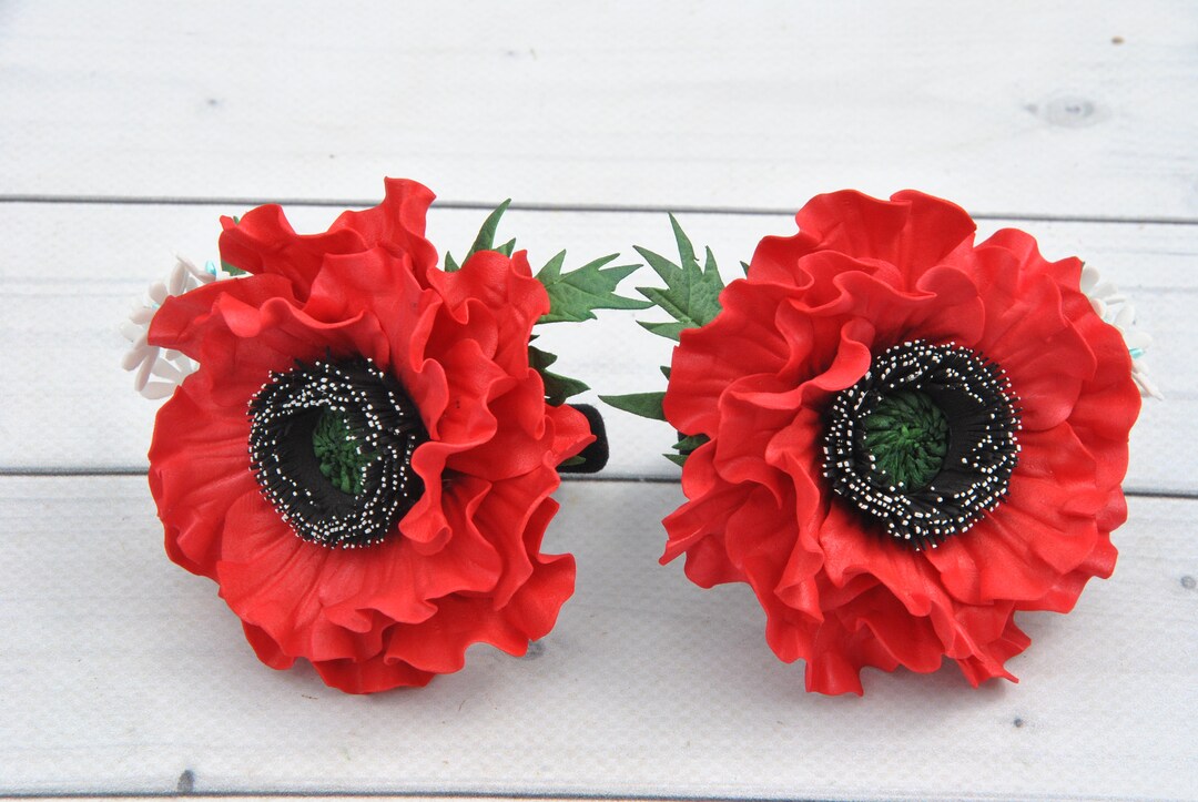 Poppy Hair Clips, Pins Baby Flower Elastic Ties Red Poppy Hair Piece ...