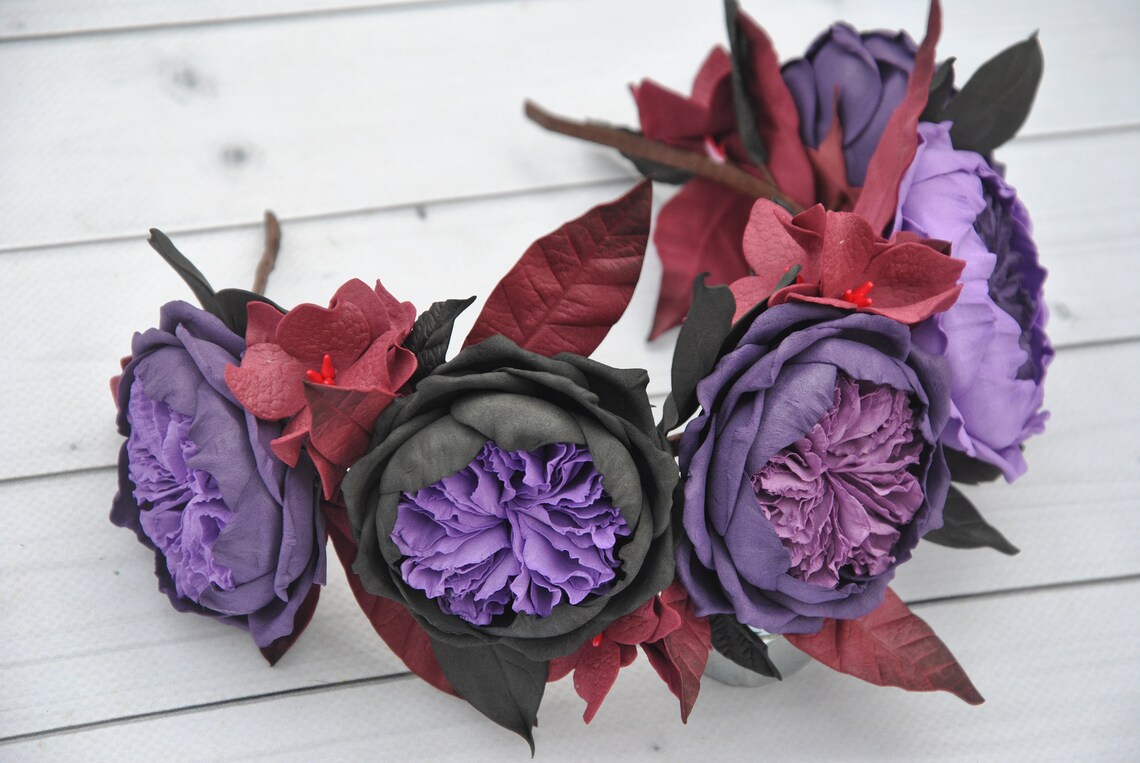 Goth Flower Crown Black Burgundy Dark Floral Headpiece Halloween ...