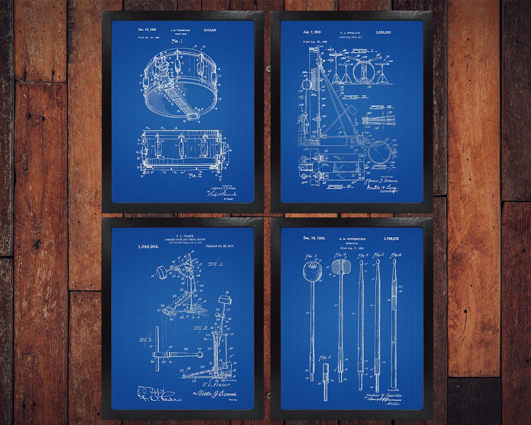 Drum Blueprint Poster set of 4 Drum Art / Drum Poster / Drum - Etsy