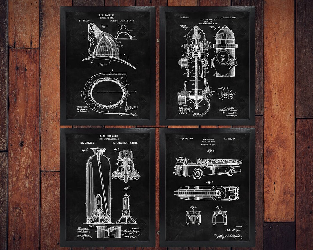 Firefighting Patent Blueprint Set of 4 Firefighter Art - Etsy