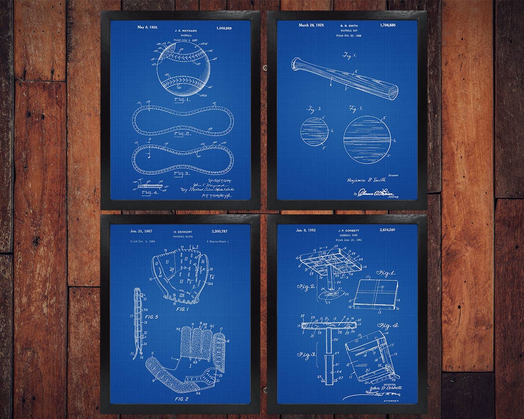 Baseball Patent Blueprint Set of 4 Baseball Gifts Baseball - Etsy