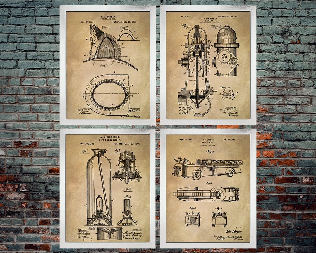 Firefighting Patent Prints Set of 4 - Firefighter Art Posters - Fire ...