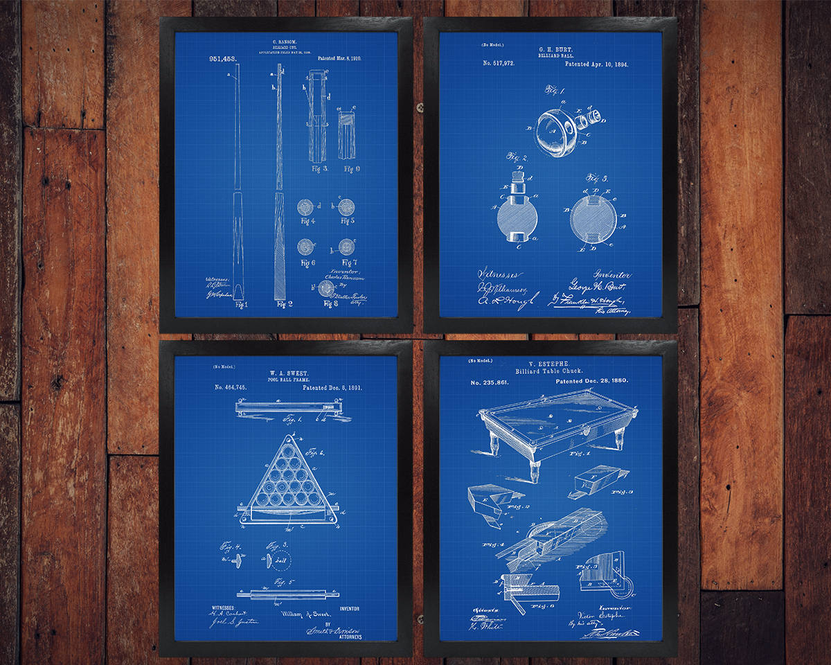 Pool Billiard Blueprint set of 4 Inventions / Billiards Wall - Etsy