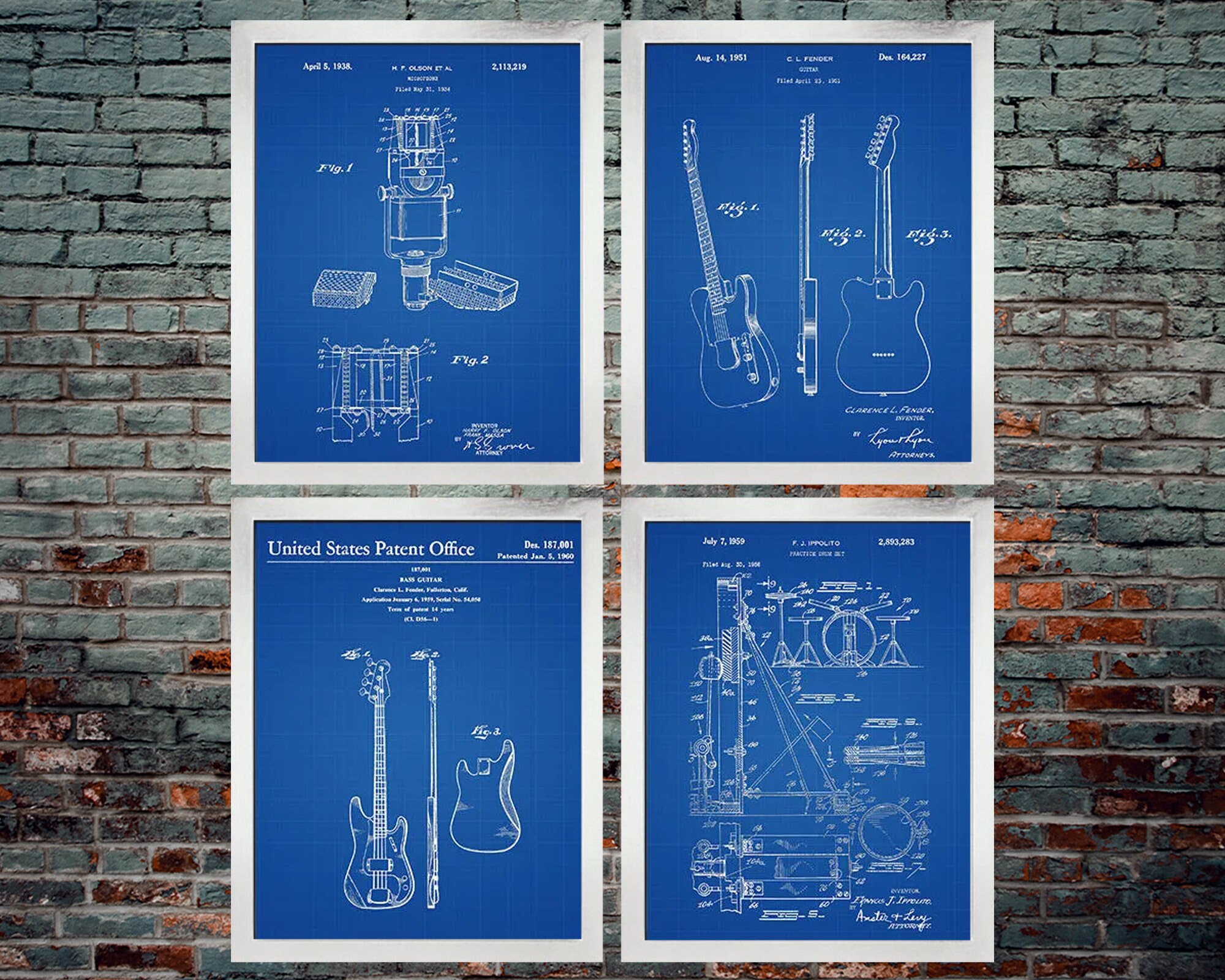 Rock Band Blueprint Patent Collection Set of 4 - Fender Guitar - Band ...