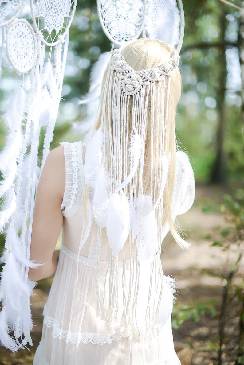 Feathers Headpiece Macrame Wedding Veil Boho Veil Macrame - Etsy
