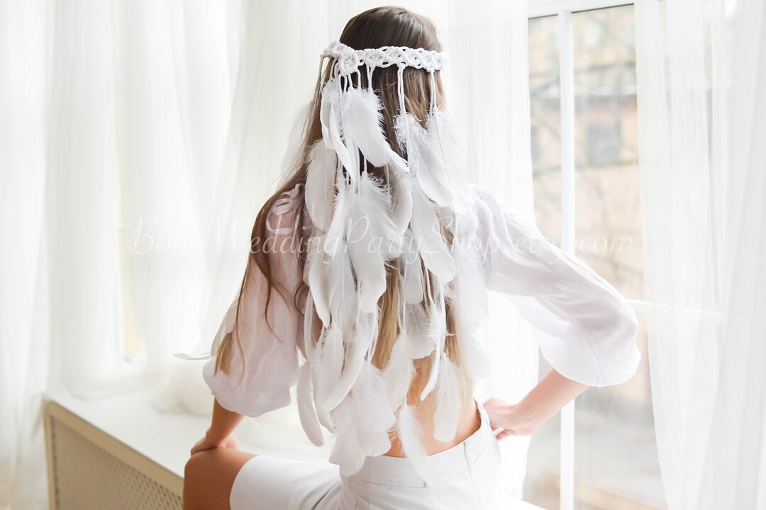 White Feather Headpiece, White Boho Headpiece, Boho Veil, Feathers ...