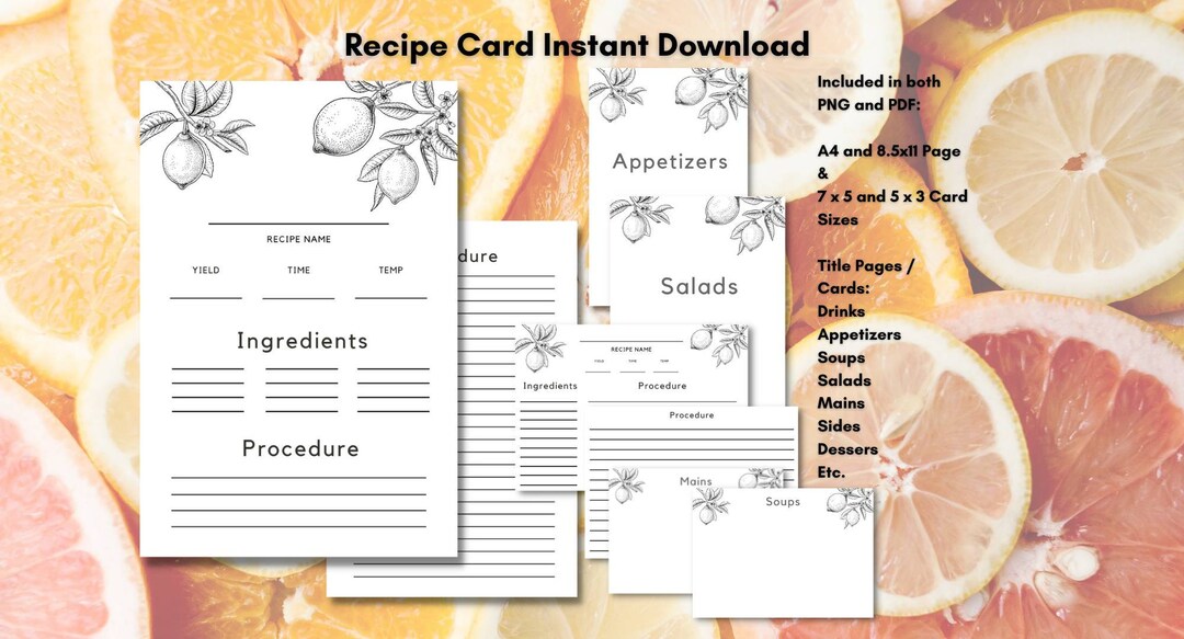 Lemons Recipe Printable, Instant Download Template, Black & White - Etsy