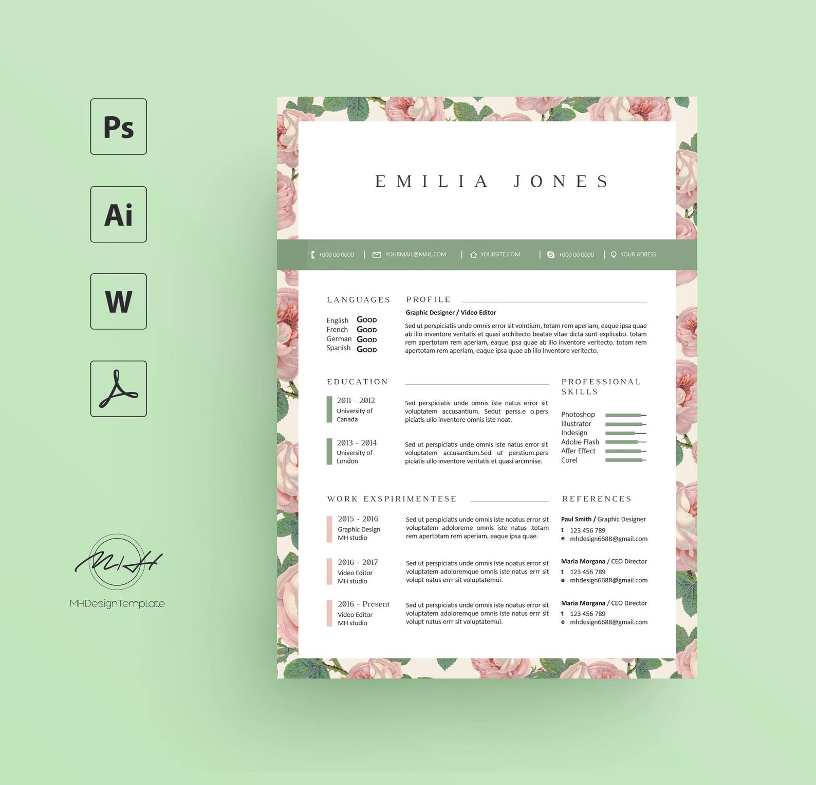 DISCOUNT 80% off / Floral Resume Template / CV Template / FREE Cover ...