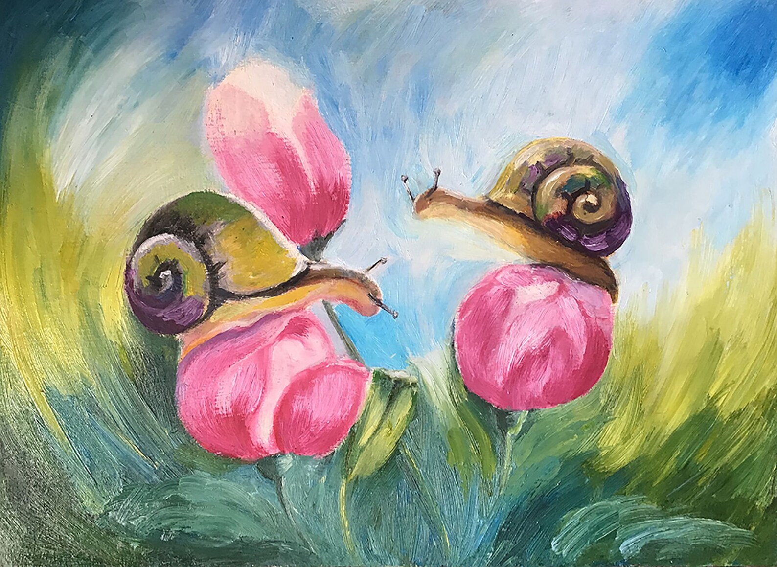 Snails Original Art Oil Painting 12 by 16 Bright | Etsy