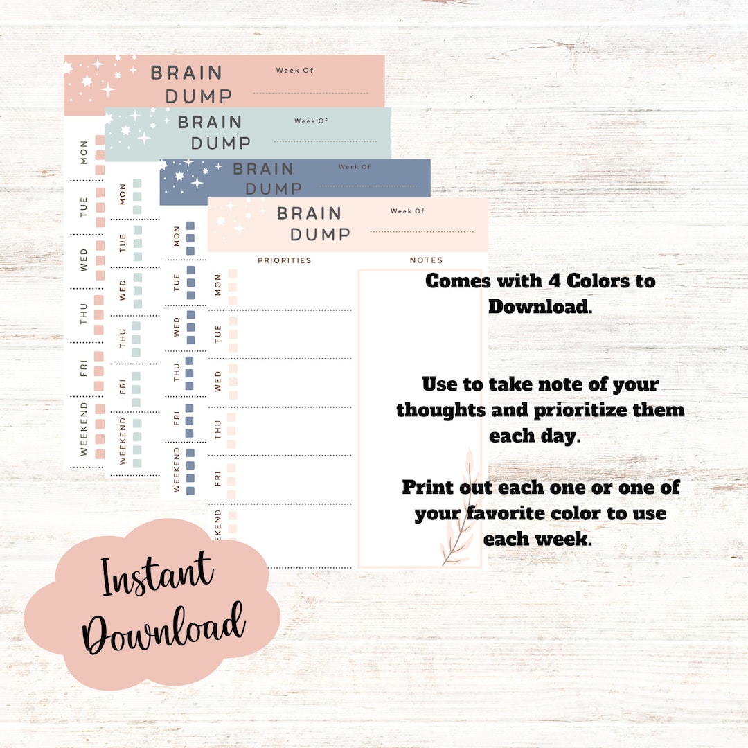 Brain Dump Worksheet, Pastel Colors, Digital Download for Organization ...