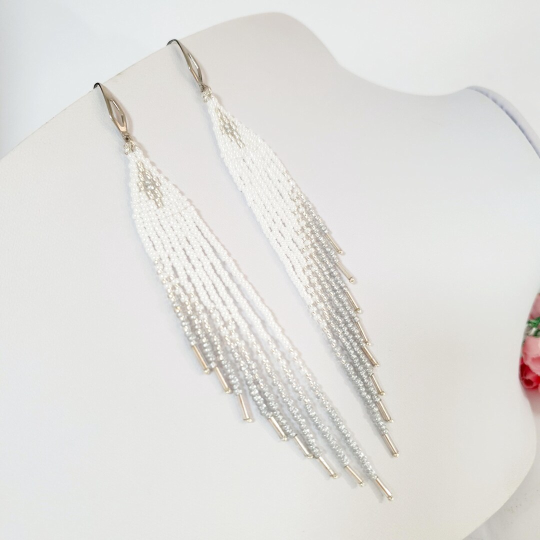 Long White Seed Bead Fringe Earrings: Boho Bridal Jewelry Wing Shape - Etsy