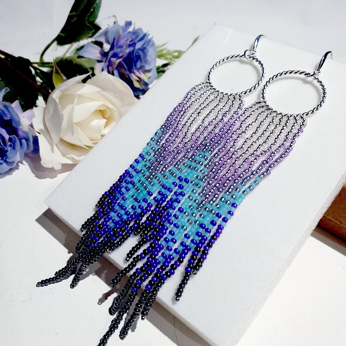 Fringed Silver Hoop Seed Beads Earrings/shoulder Dusters 5 - Etsy