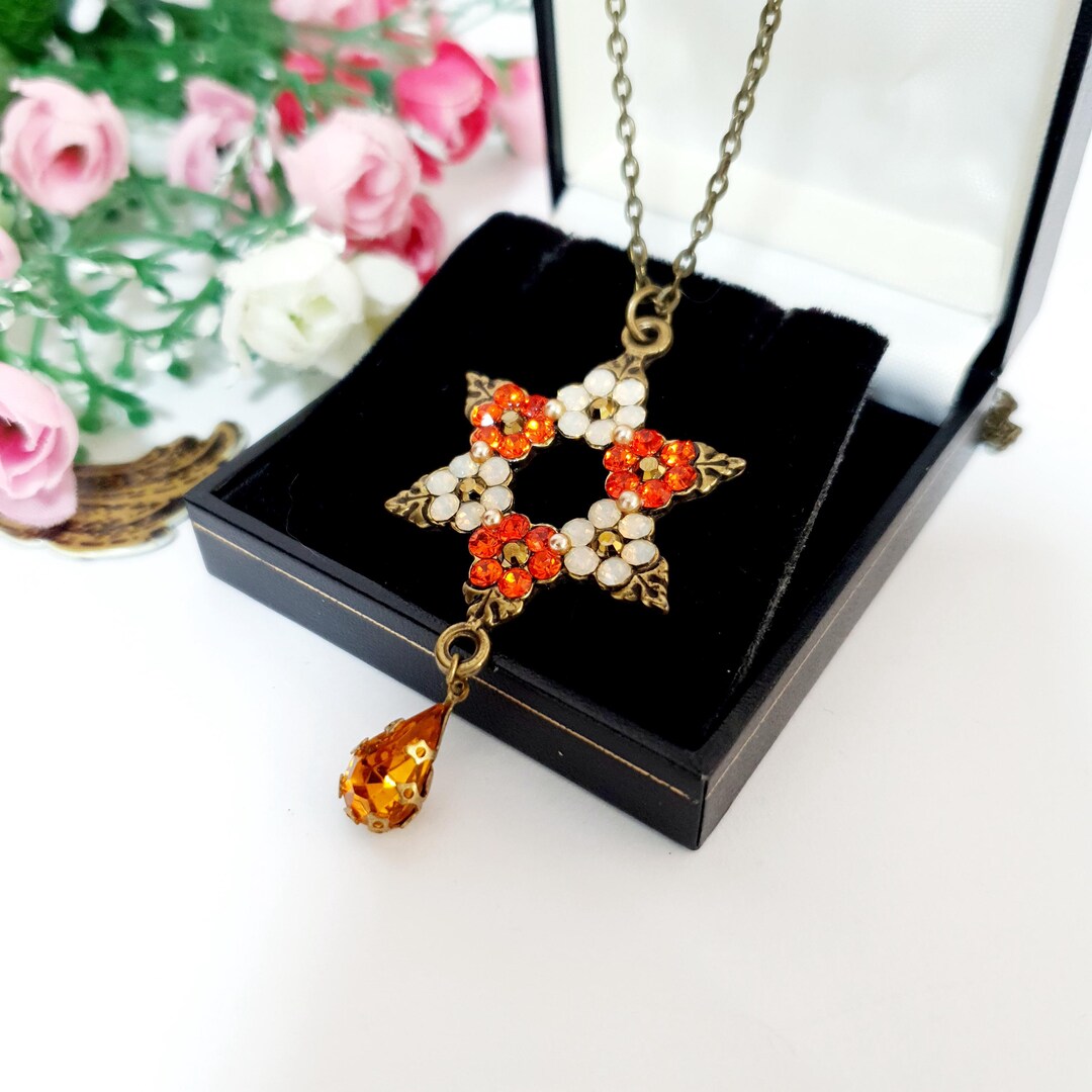 Vintage Michal Negrin Star of David Pendant Necklace: Orange and Opal ...