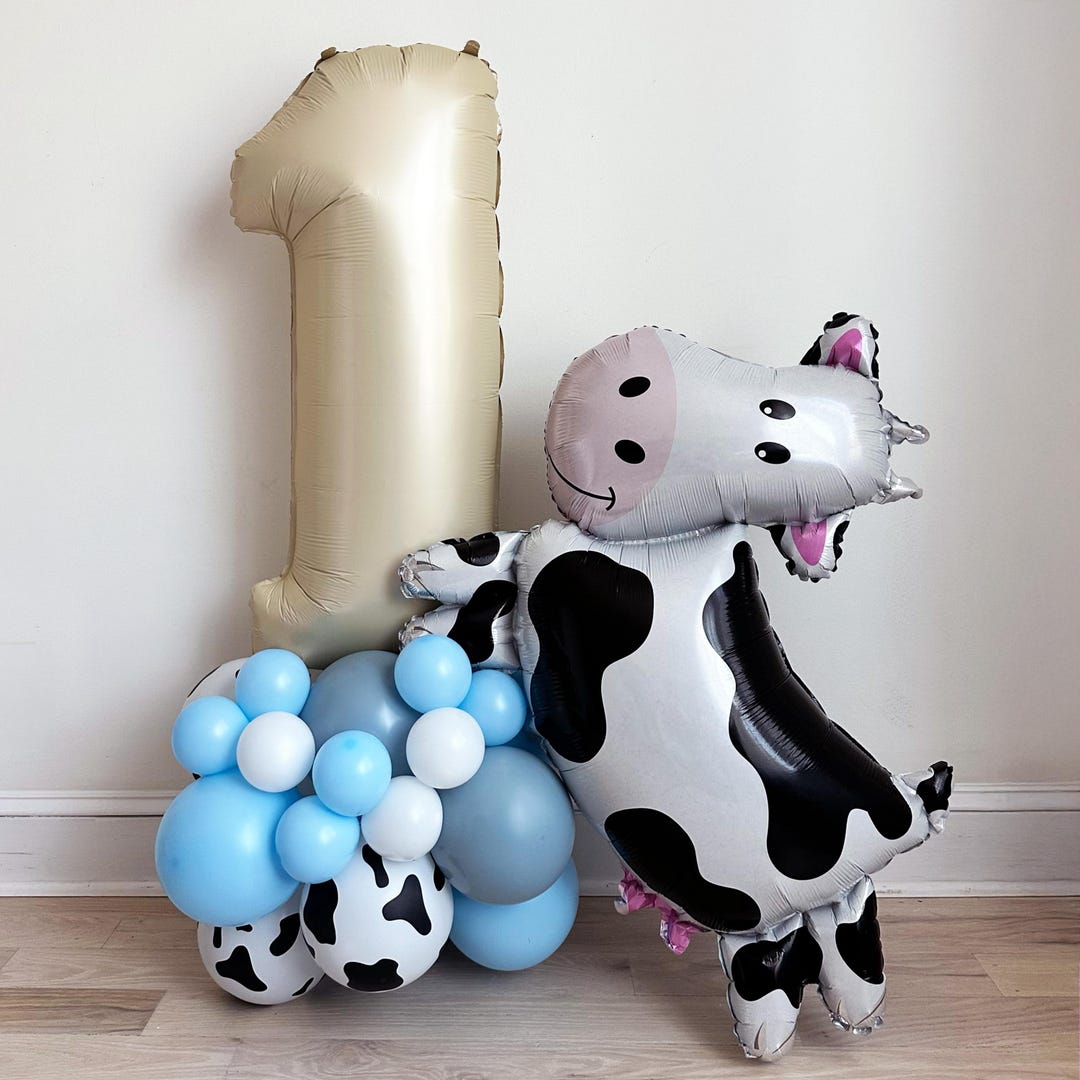 Blue Cow First Birthday, Farm Animal Balloon Tower, Moo First Birthday ...