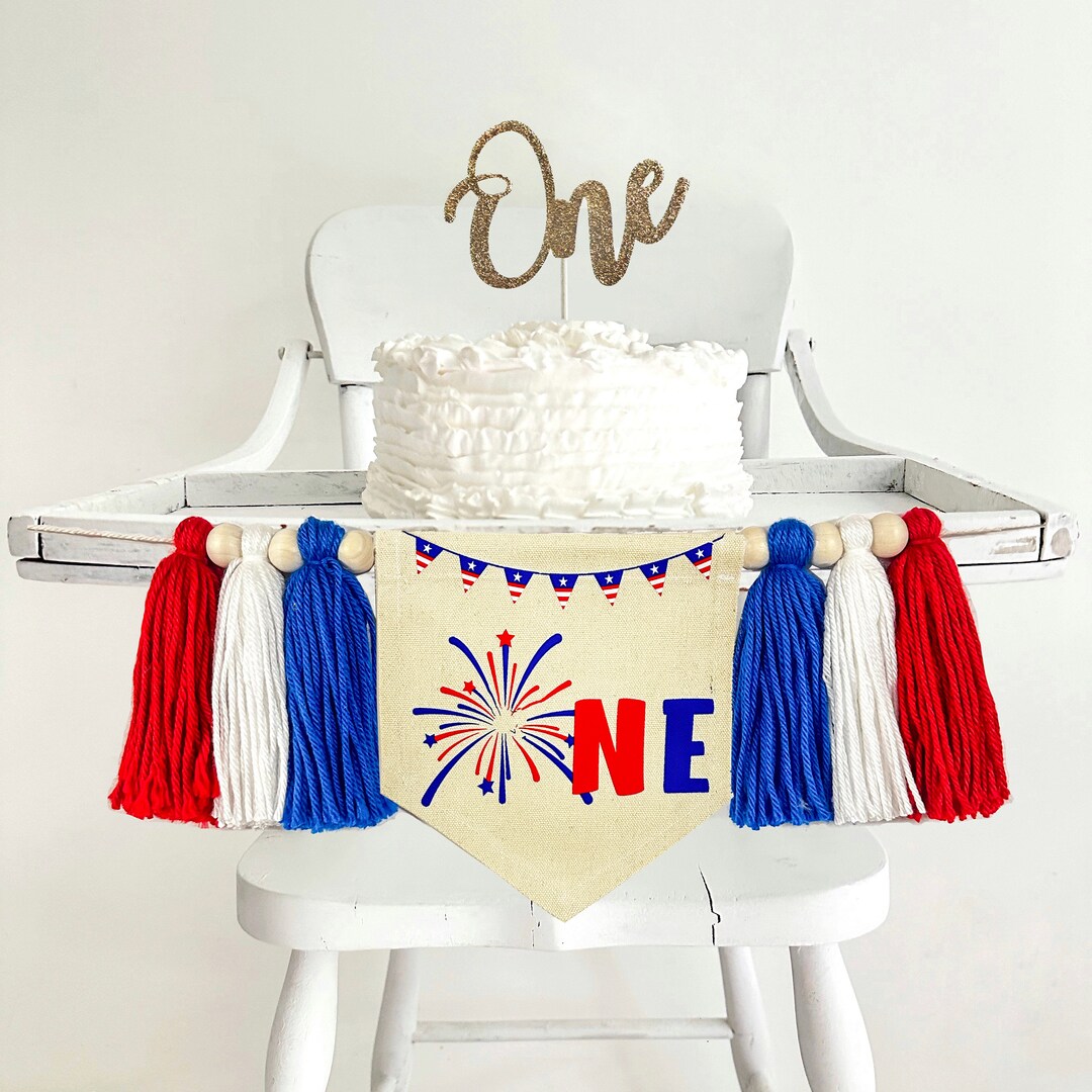 ONE Little Firecracker 1st Birthday Tassel Banner, Patriotic Highchair ...