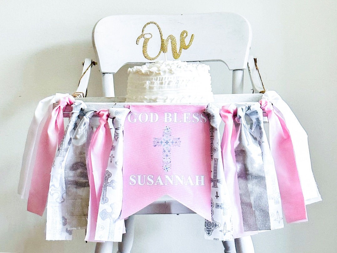 Pink God Bless Highchair Banner, Baptism Decorations, First Holy ...