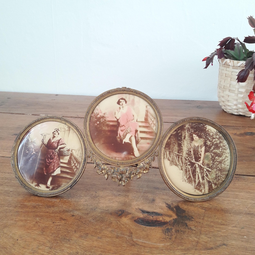 French Vintage/art Nouveau Triptych Frame/colorised Photographs/brass Structure/women’s ...