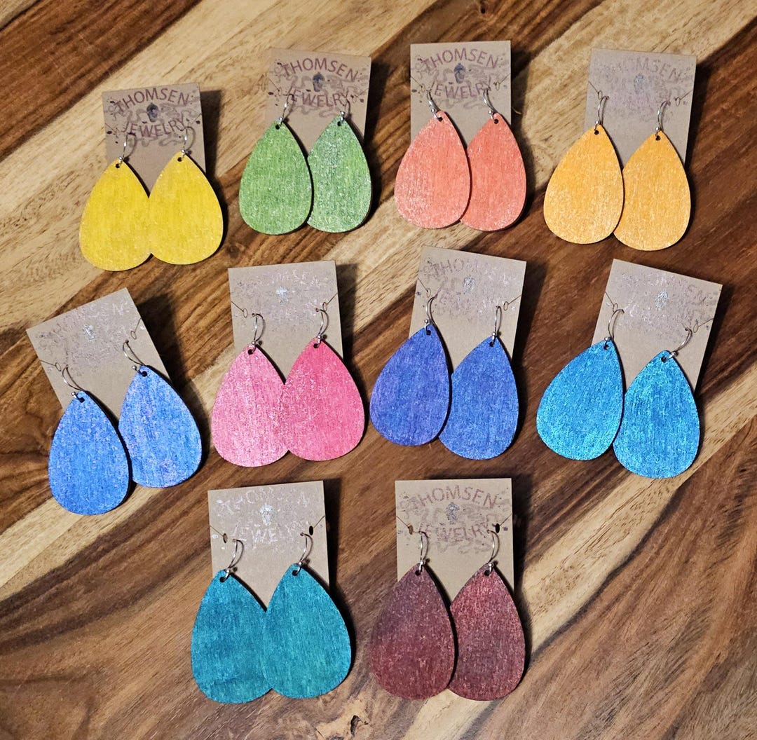 Wooden Teardrop Double Sided Painted Sparkle Earrings - Etsy