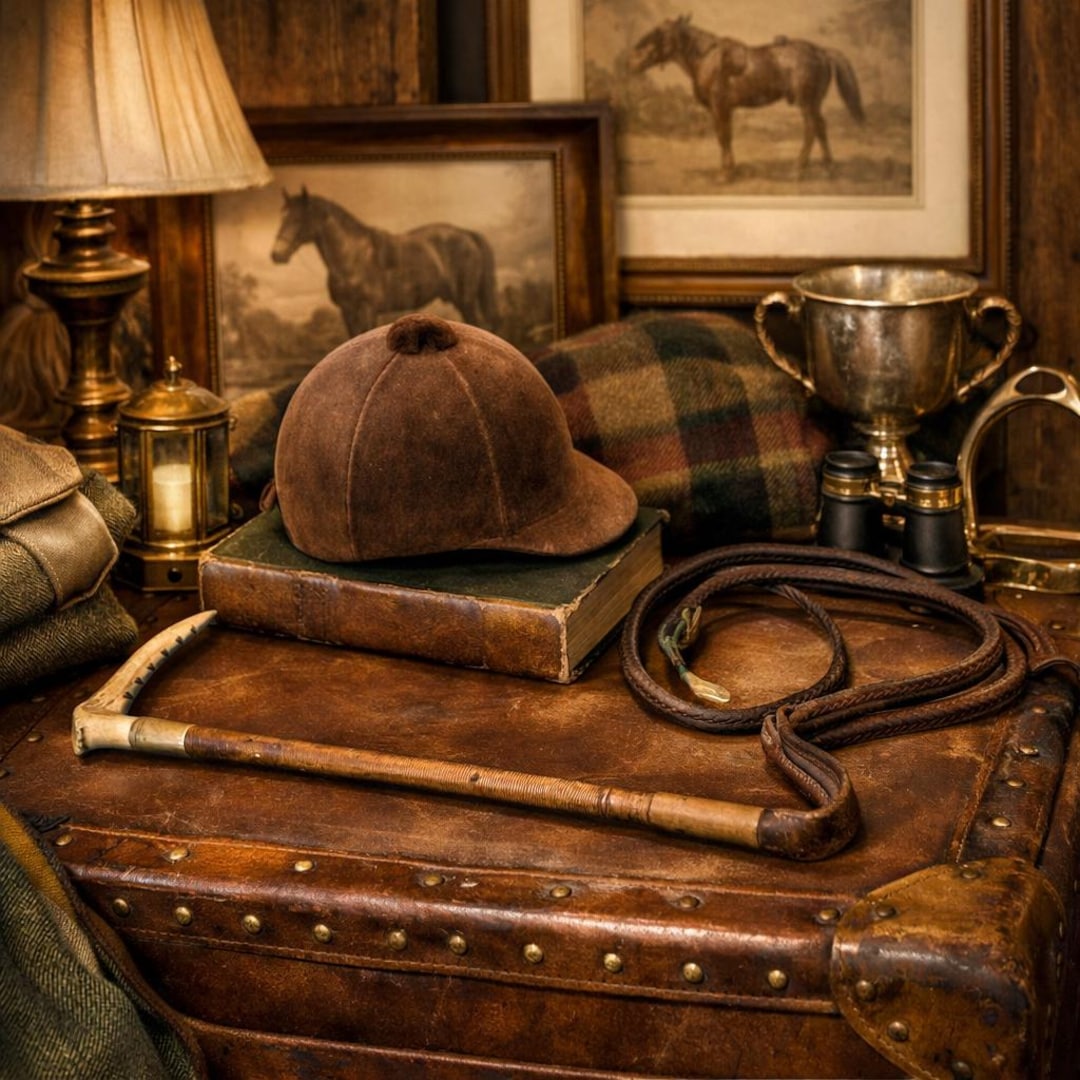 Antique English Hunt Cap & Whip — Heritage Equestrian Decorative Pair ...