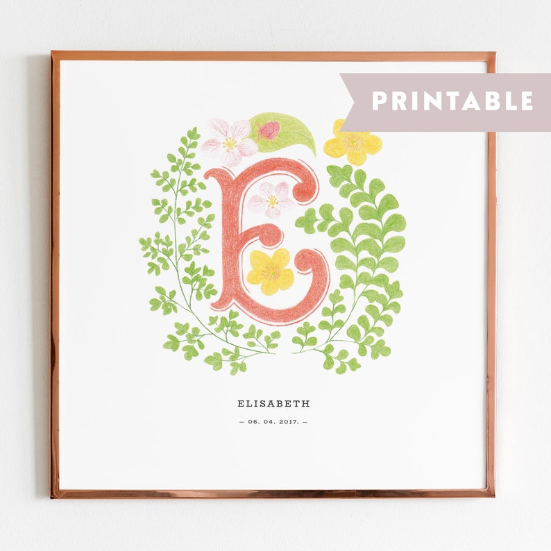Botanical Letter E Print Printable Nursery Wall Art | Etsy