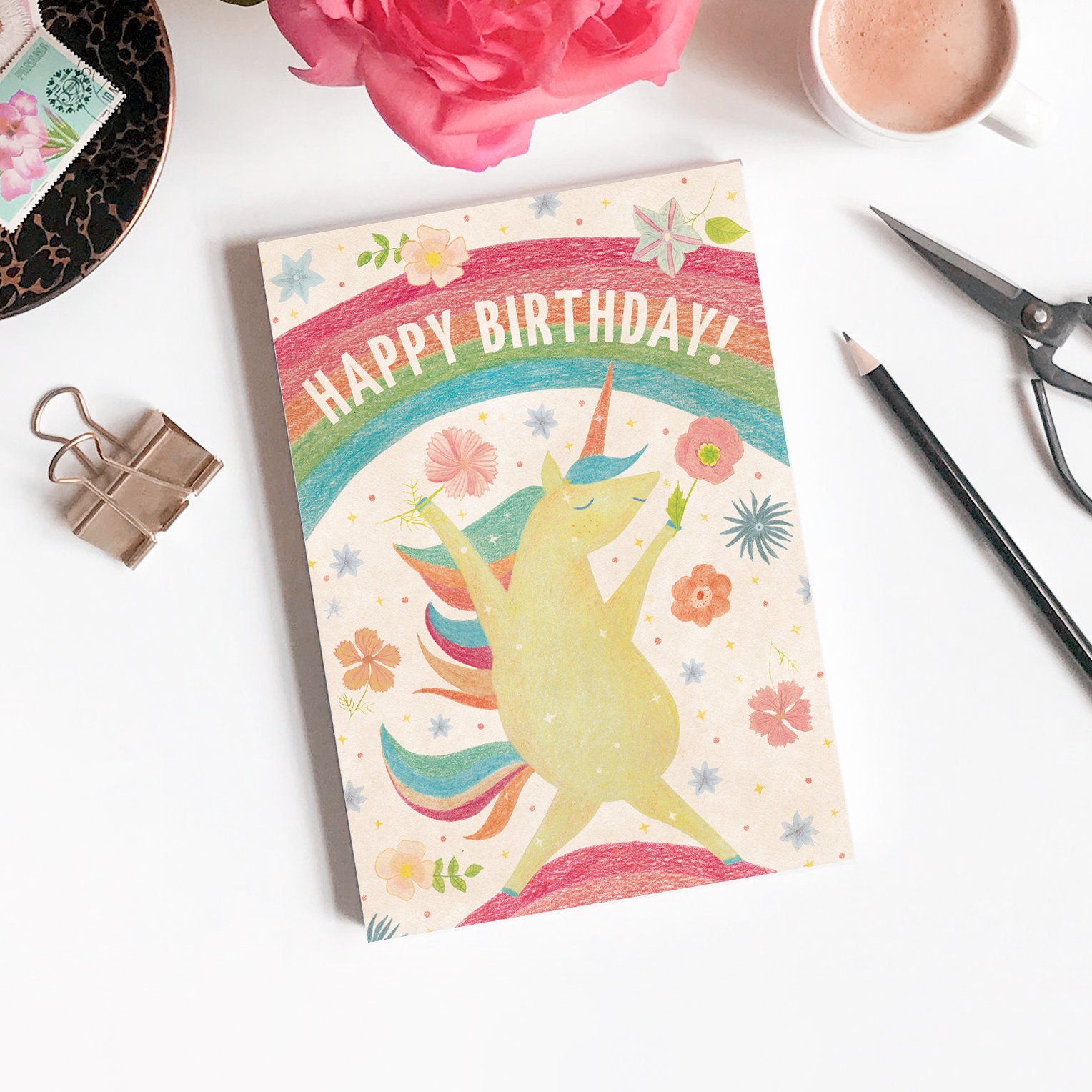Unicorn Happy Birthday Card for Kids, Printable Birthday Card. Floral ...