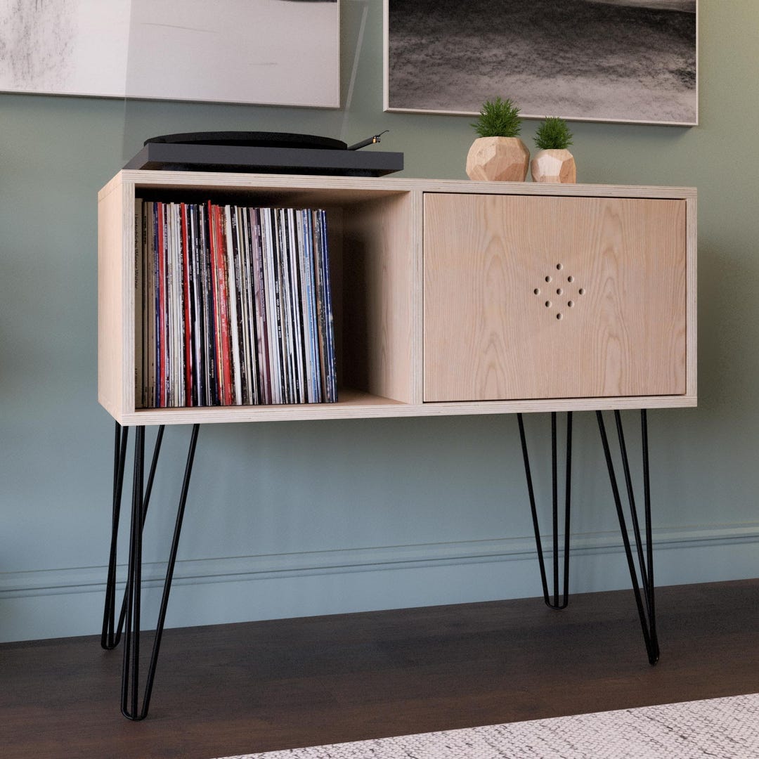 Handmade Record and Turntable Stand With Door, Mid Century Modern Vinyl ...