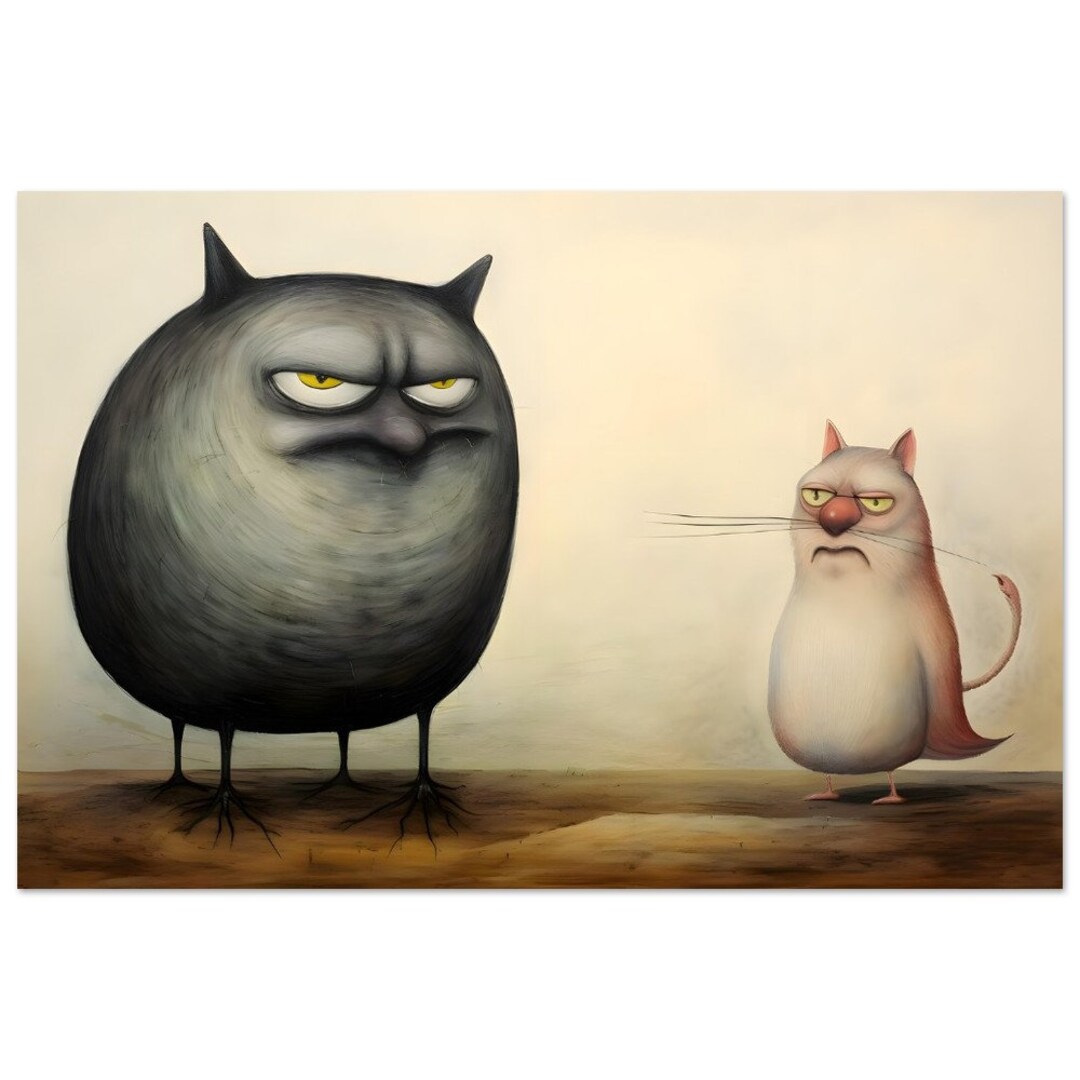 Furry Friends Grumpy Duo Whimsical Cat Art Comical Wall Art - Etsy