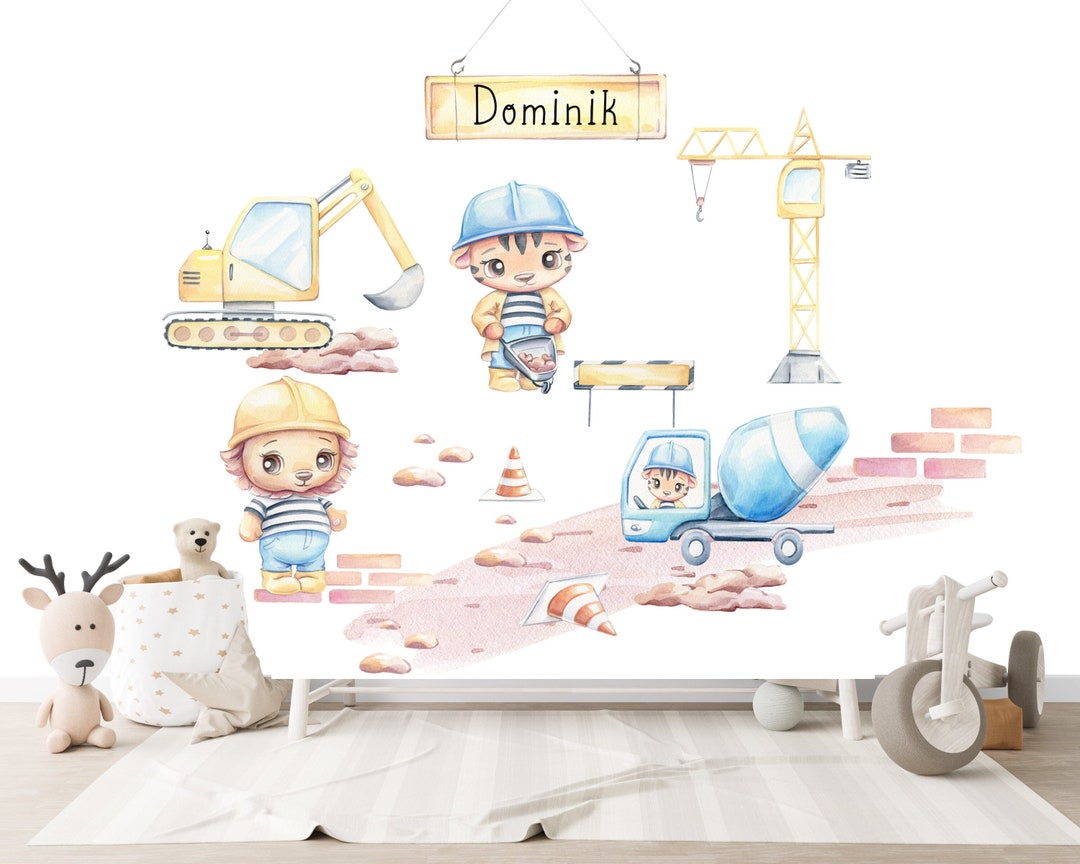 Wall Sticker Construction Site/ Lion/ Tiger/ Construction Vehicle/ Boy ...