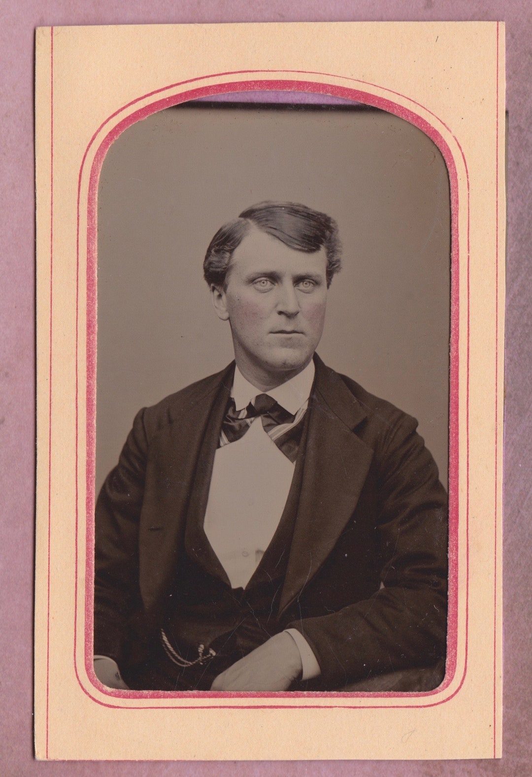 1800s Colorized Tintype Photo, Light Eyed Serious Man Wearing Striped ...