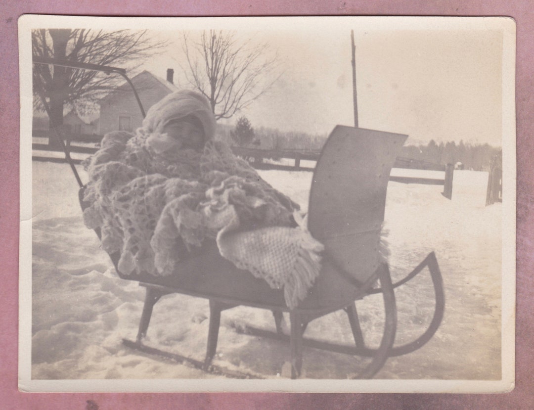 Antique Photo, Bundled Baby in Victorian Push Sleigh, Sled, Ice, Winter ...